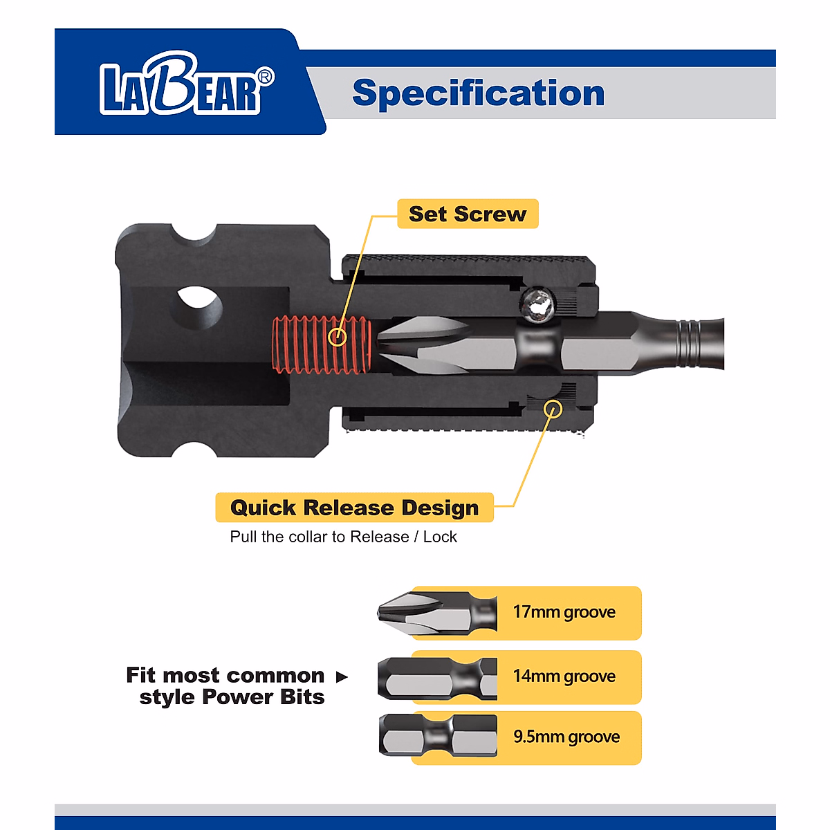 LABEAR TOOL Impact Wrench Adapter, 1/2" Drive Female to 1/4" Hex Converter, Quick Release, Quick Change Chuck, Square to Hex Bit Adapter, Impact Drill Adapter, Cr-Mo Steel Ratchet Wrenches Drivers