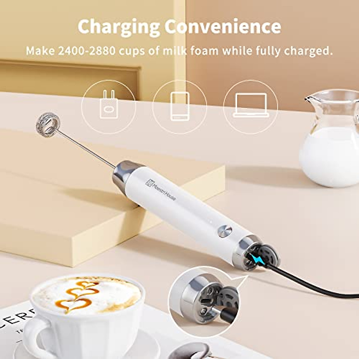 Maestri House Rechargeable Milk Frother, Handheld Electric Foam Maker Waterproof Detachable Stainless Steel Whisk Drink Mixer Foamer with Stand, 2 Whisks for Lattes, Cappuccino (White)