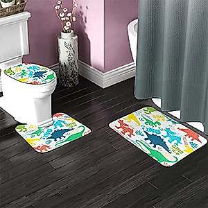 WONDERTIFY Dino Pattern Bathroom Antiskid Pad T-Rex Dinosaur Triceratops 3 Pieces Bathroom Rugs Set, Bath Mat+Contour+Toilet Lid Cover