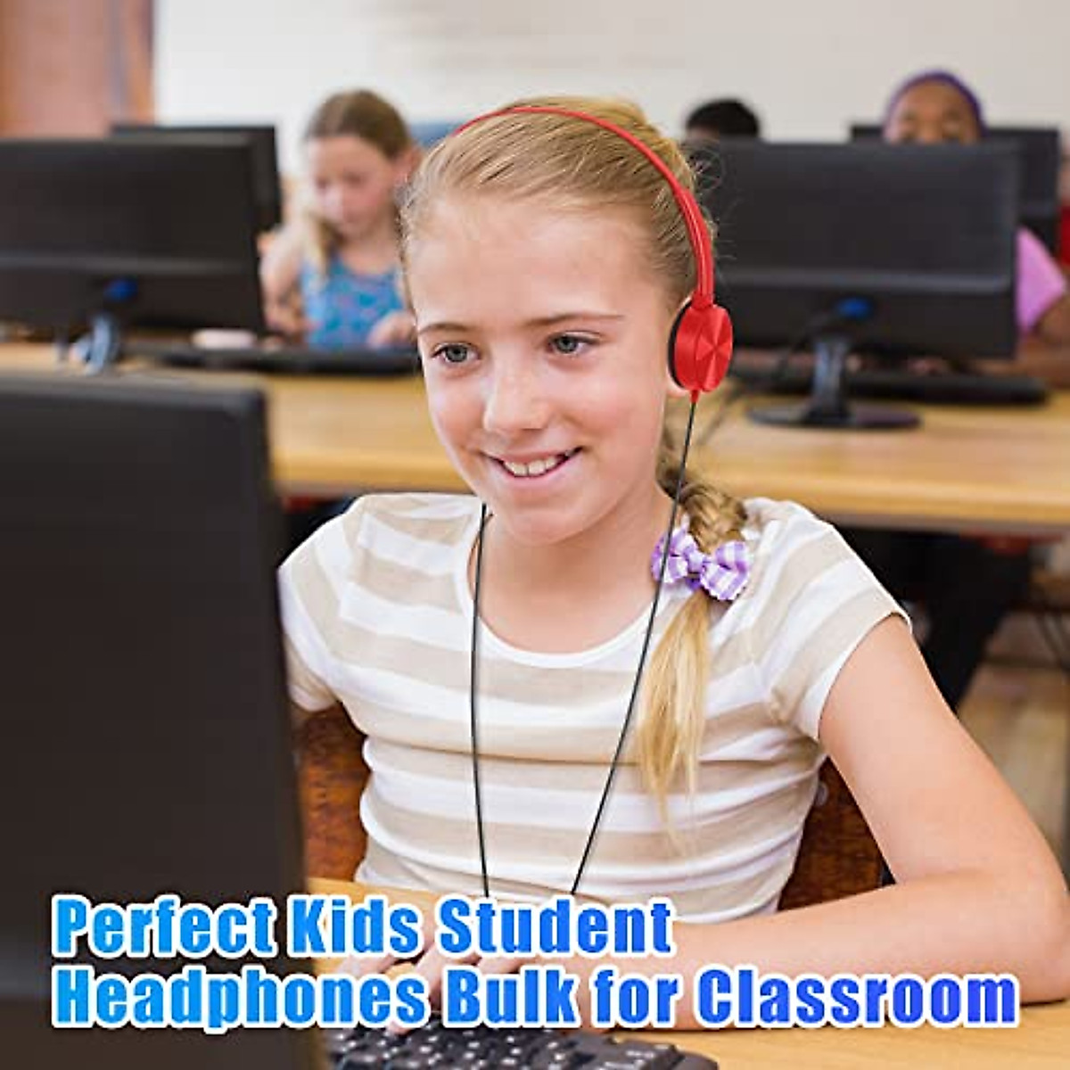 24 Pack Bulk Headphones for Kids School Classroom Headphones Earphones with 3.5 mm Plug, 8 Colors Adjustable over Head Earbuds Headphones for Students Adults Kids Library Travel, Individually Bagged