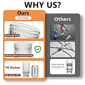 SoulTimes 4 Pack Large 16oz Ribbed Glassware Set, Flower Design Stackable Glass Cups, Vintage Textured Clear Striped Drinking Glasses Set, for Bar Beverages,Juice,Water,Cocktail,Iced Coffee