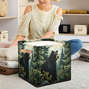 Tablerazzi Black Bear Forest Wild Animals Cube Storage Bin, 13 Inch Collapsible Fabric Storage Cube Bin, Foldable Cube Baskets for Shelf, Closet, Organizer