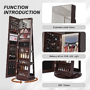 HNEBC LED Light Jewelry Organizer - 360° Rotating Armoire with Mirror, Full Length Cabinet for Jewelry Storage - Large Dark Brown Box Compatible with Alexa/Google Assistant