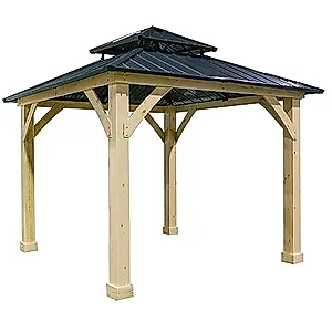 BBQ Gazebo Canopy Patiojoy 10'x10' Outdoor Patio Hardtop Gazebo Double Steel Roof Solid Wood Frame Grill Gazebo Shelter for Patio, Garden