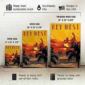 Lantern Press 6x9 Inch Wood Sign, Ready to Hang Wall Decor, Key West, Florida, Sunset and Ship