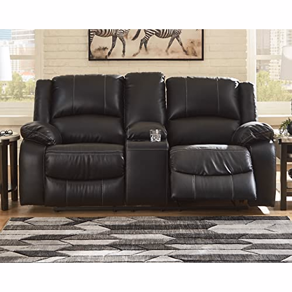Signature Design by Ashley Calderwell Faux Leather Manual Double Reclining Loveseat with Storage Console, Black