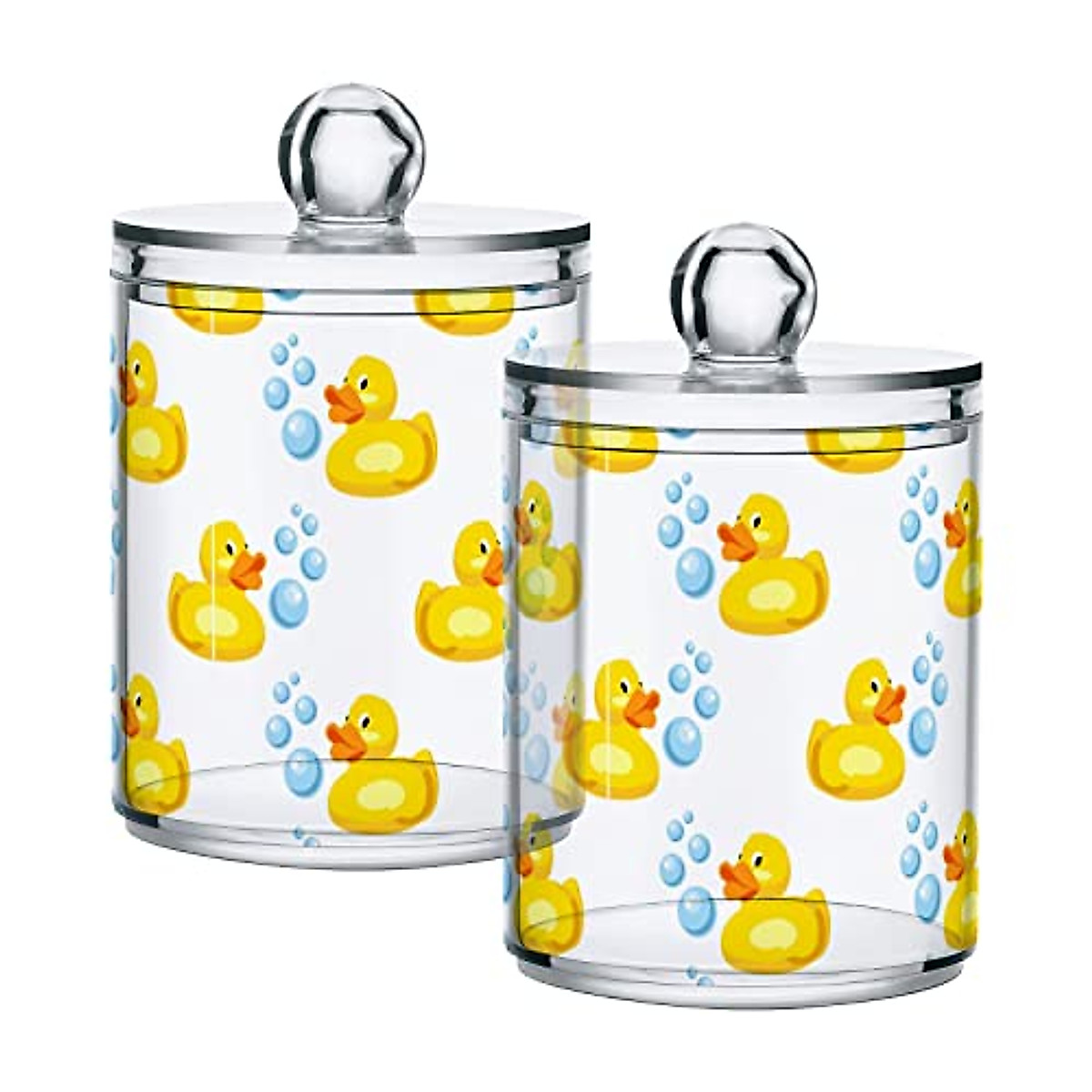 2 Pack Plastic Cotton Swab Ball Pad Holder Yellow Rubber Ducks Jars Bathroom Storage Organizer Bathroom Canisters with Lids for Bathroom Canister Storage Organization, Vanity Makeup Organizer