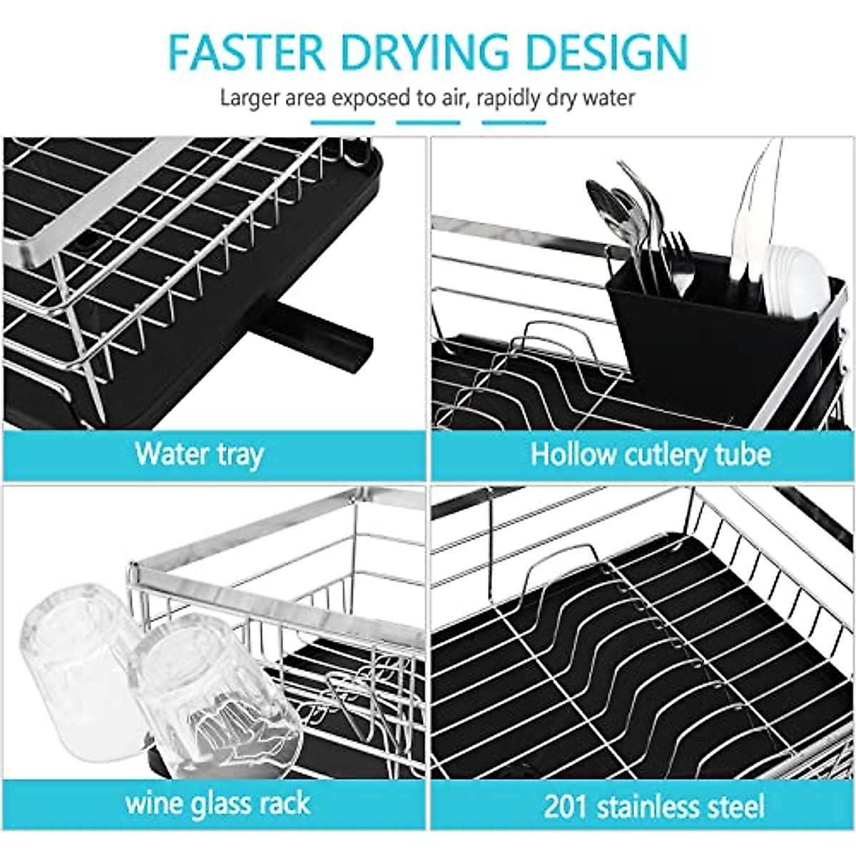 Fogein Dish Drying Rack,Dish Racks for Kitchen Counter，Stainless Steel Dish Drainer with Utensil Holder Removable Drainer Tray for Kitchen Countertop(Black)