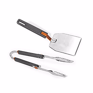 Blackstone 5294 Foldable 2 Piece Hamburger Spatula Flipper and 1 BBQ Tong-Flex Fold Model Stainless Steel-Easy to Carry and Clean Griddle Accessories Tool Set, Black, Orange