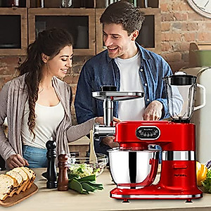 Stand Mixer, 8.5QT 8 in 1 Multifunctional Kitchen Electric Mixer with Dough Hook, Whisk, Beater,Meat Grinder, Blender, Pasta attachment, 5-Speed with LED Key (Red)