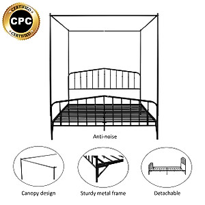 Tensun Detachable Queen Anti-Noise Platform Metal Canopy Bed with Headboard,Black