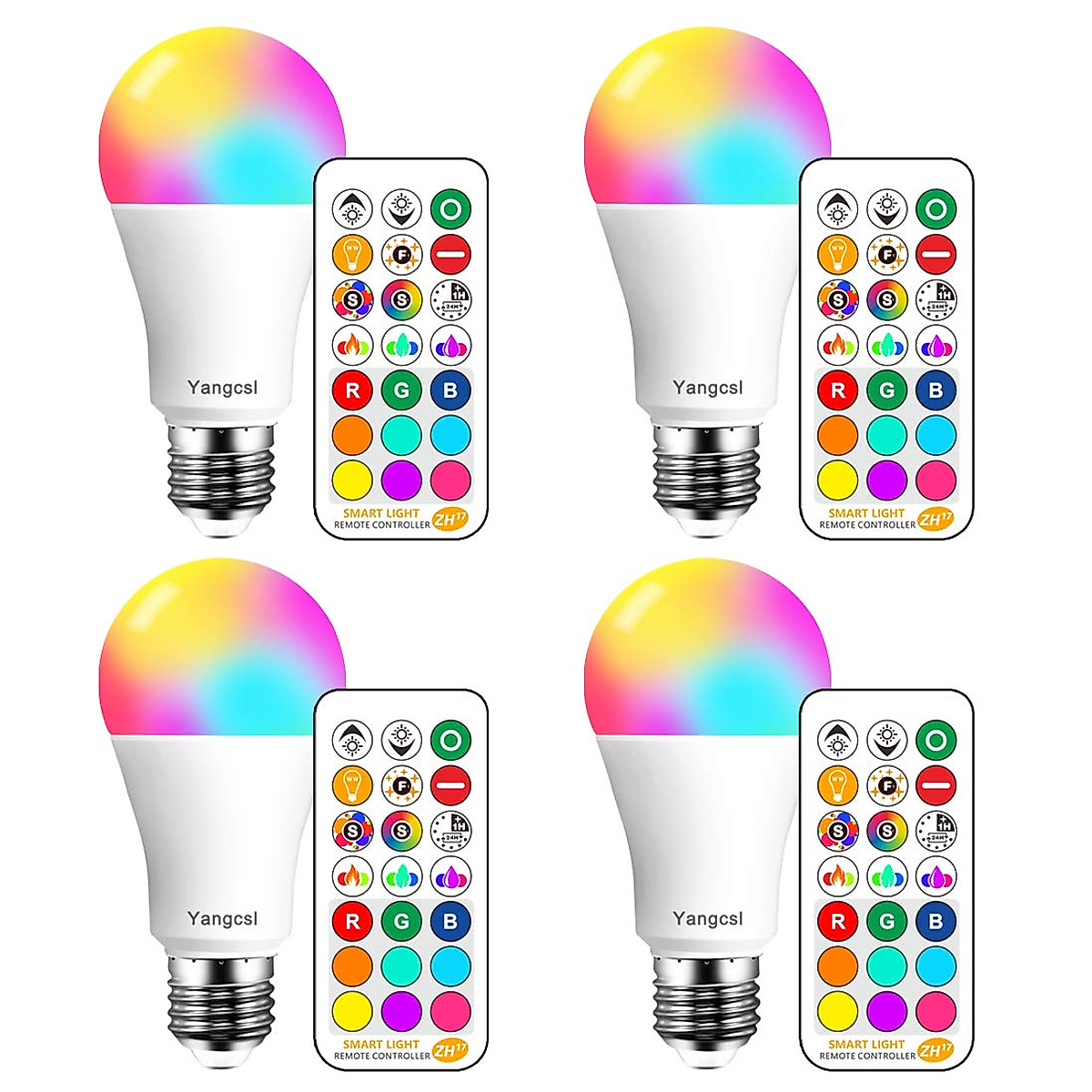 Yangcsl LED Light Bulbs 85W Equivalent 1200lm, RGB Color Changing Light Bulb, 6 Moods - Memory - Sync - Dimmable, A19 E26 Screw Base, Timing Remote Control Included (Pack of 4)