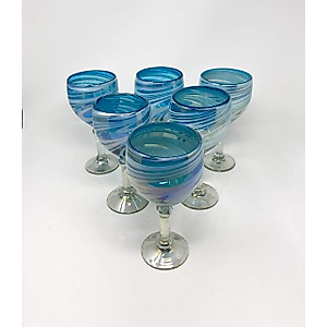 Blue Dorado Design Hand Blown Wine Glass - 16 oz - BDD - Set of 6 (Turquoise and White Swirl)