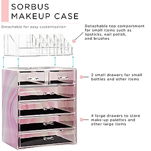 Sorbus Clear Cosmetic Makeup Organizer - Make Up & Jewelry Storage, Case & Display - Spacious Design - Great for Dresser, Bathroom, Vanity & Countertop (4 Large, 2 Small Drawers) [Tie Dye Print]