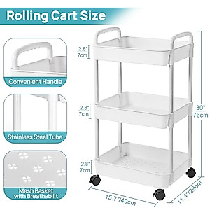 Vtopmart 3 Tier Rolling Cart with Wheels, Detachable Utility Storage Cart with Handle and Lockable Wheels, Storage Basket Organizer Shelves, Easy Assemble for Bathroom, Kitchen, White