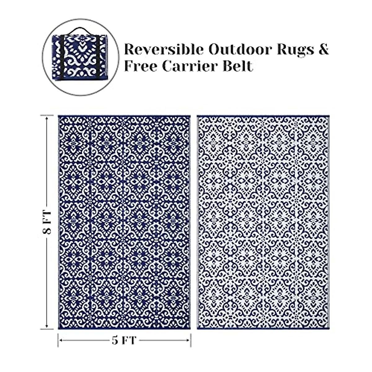 HOMEIDEAS Outdoor Rug, Waterproof Patio Plastic Straw Rugs, RV Reversible Camping Mat, Portable Area Rugs for Outdoors, Camping, Picnic, Beach, Backyard, Deck, Trailer, Navy Blue & White, 5' x 8'
