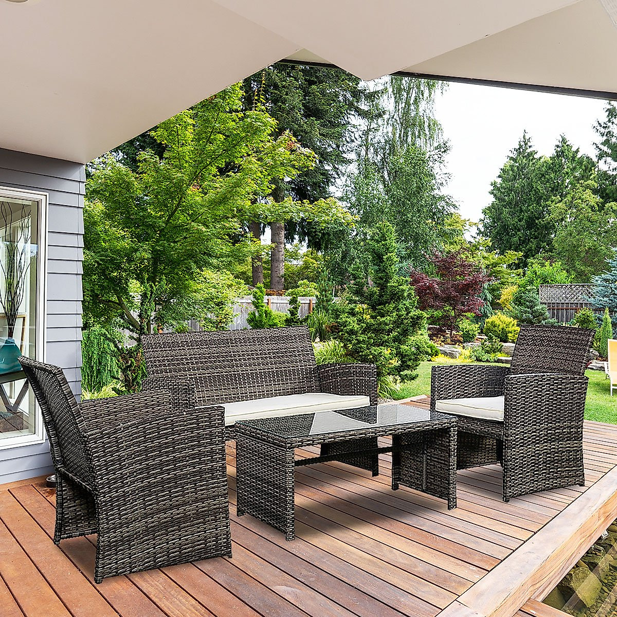 Tangkula AM0948HM Lawn Garden PE Rattan Wicker Furniture (Brown) 4 Piece Outdoor Patio Sofa Set