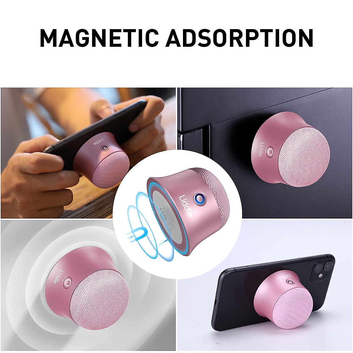 Liddle Speaker Magnetic Bluetooth Speaker MagSafe Speaker for iPhone 12/13/14/15, Wall Mountable Small Bluetooth Speaker for Golf Cart, Shower Mini Bluetooth Speaker, True Wireless Speaker (Rose Gold)