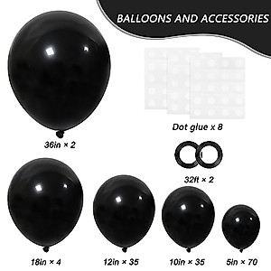 RUBFAC Black Balloons, 146 pcs Different Sizes Pack of 36 18 12 10 5 Inch for Balloon Garland or Balloon Arch as Graduation Wedding Birthday Baby Shower Anniversary Party Decorations
