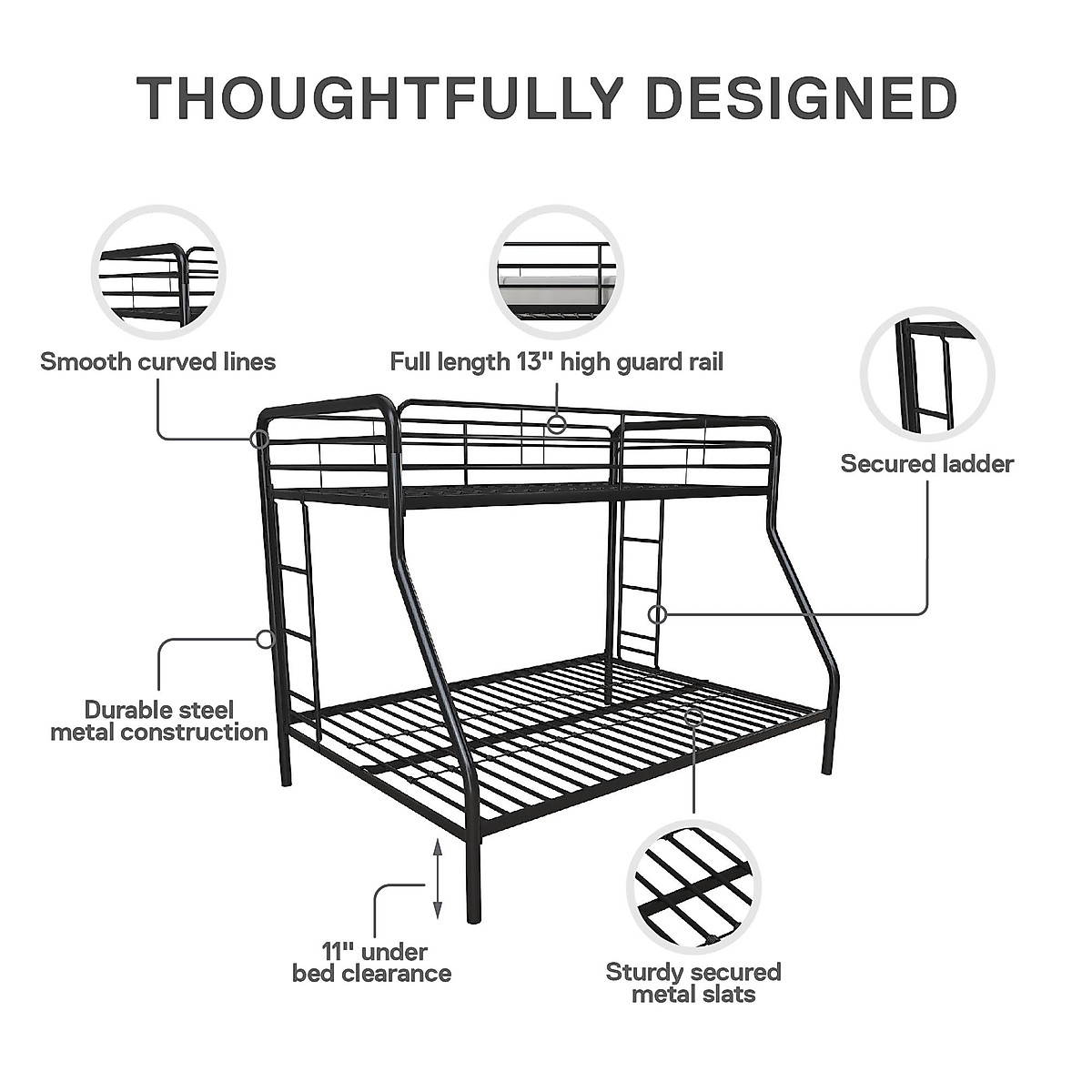 DHP Twin-Over-Full Bunk Bed with Metal Frame and Ladder, Space-Saving Design, Black
