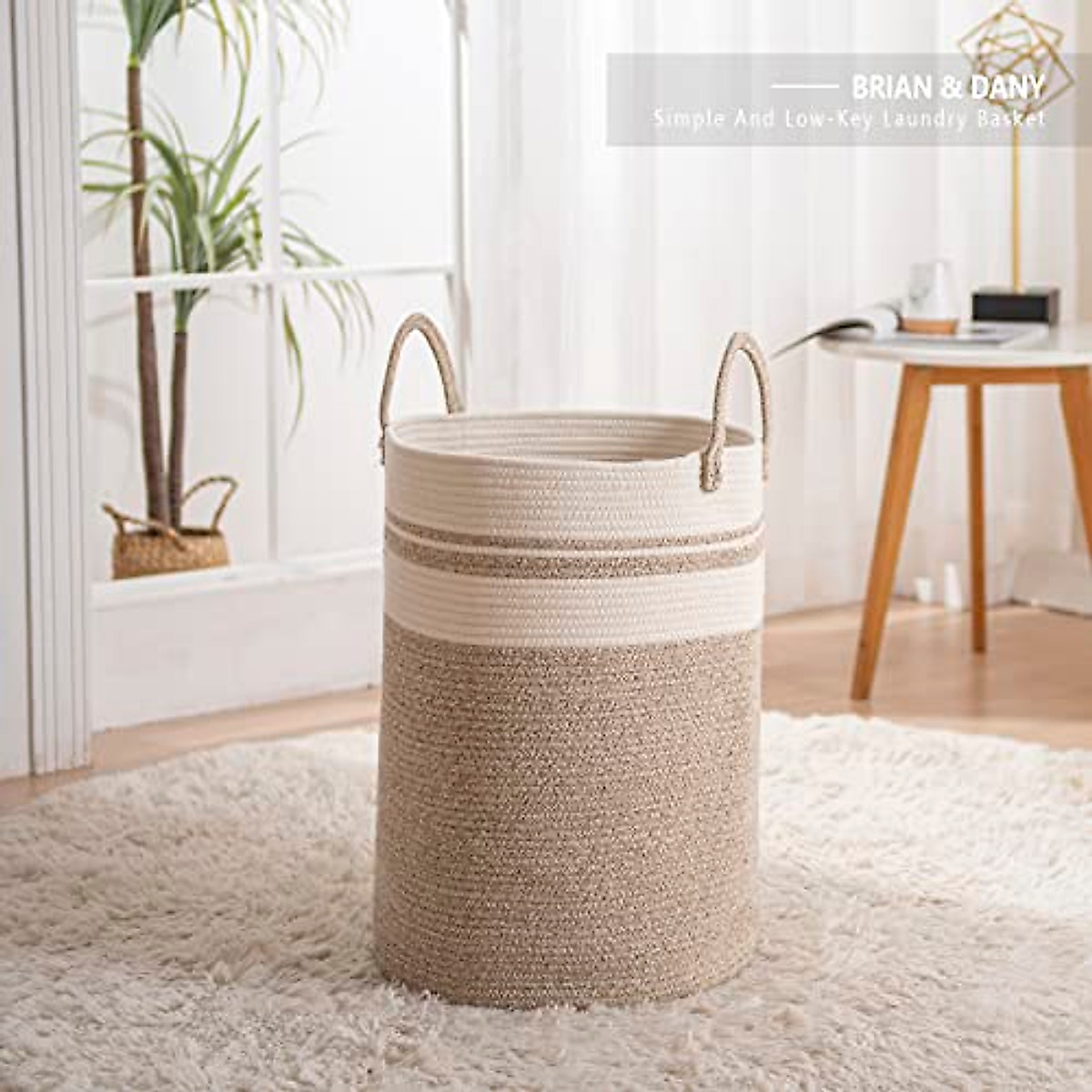 BRAIN & DANY 72L Woven Laundry Basket, Tall Cotton Rope Laundry Hamper with Handles, Large Dirty Clothes Basket Collapsible for Nursery, Bathroom, Laundry Room Organization, Bedroom Storage, Brown & White