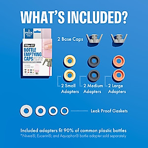 Flip-It! 2-Pack Premium Bottle Emptying Kit – No more wasted product - Fits most plastic bottles – Get out every drop of Shampoos, Lotions, & More – 2 Base Caps, 6 Adapters – Pastel Color Edition