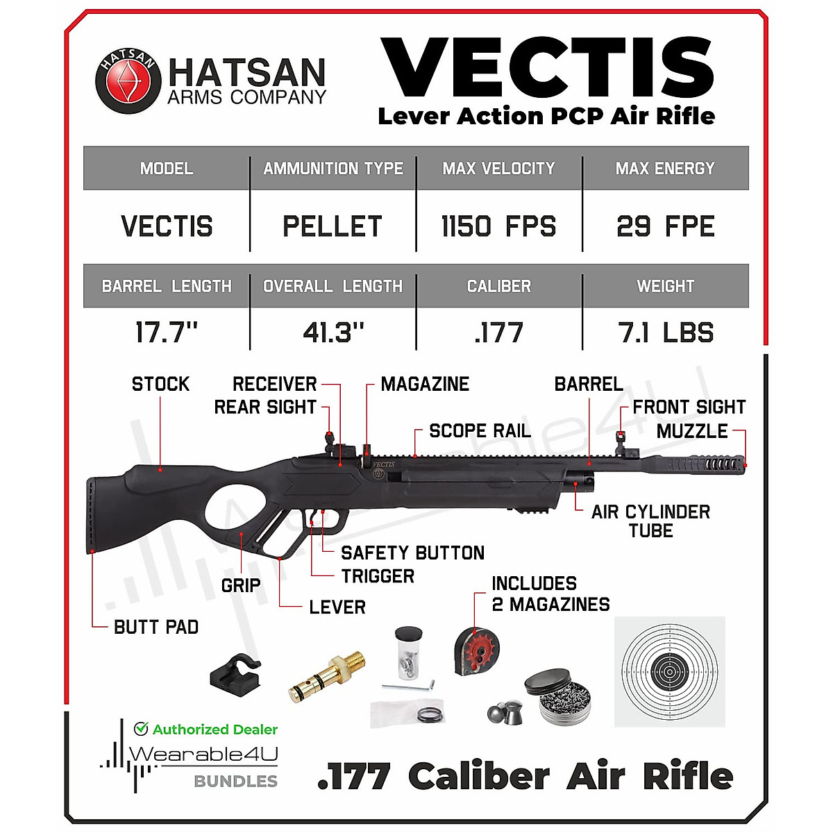 Hatsan Vectis Air Rifle with Pack of Pellets and 100x Paper Targets Bundle (Black Syn Stock) (.177 Cal + Ammo)Q