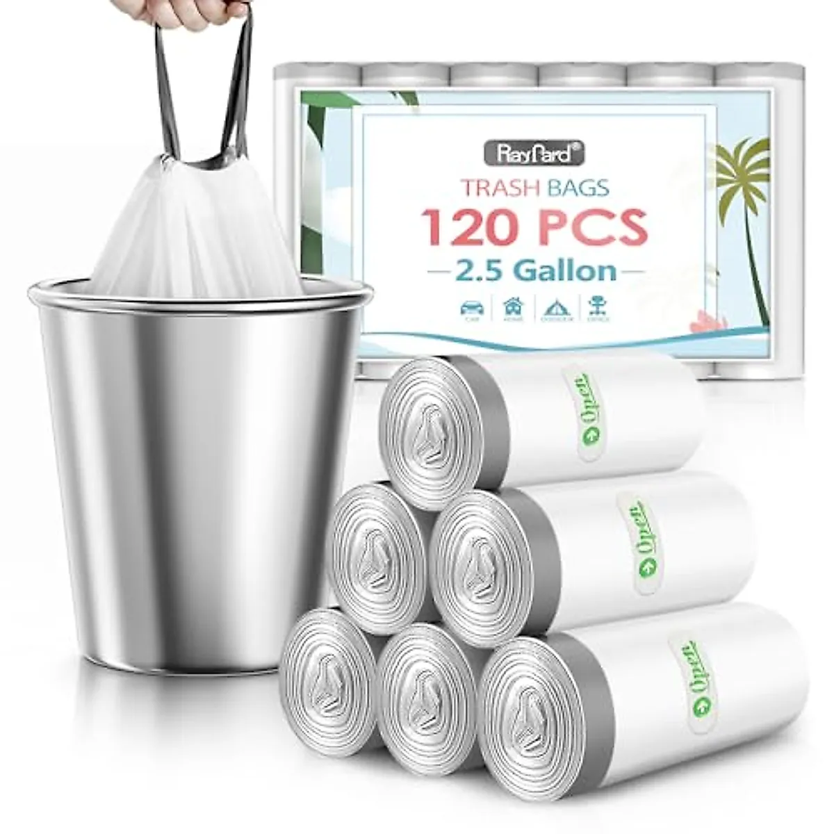 2.5 Gallon 120 Counts Small Strong Drawstring Trash Bags Garbage Bags by RayPard, Small Plastic Bags fit 7.5-9 Liter Trash Can for Home Office Kitchen Bathroom Bedroom, White Waste Basket Liners