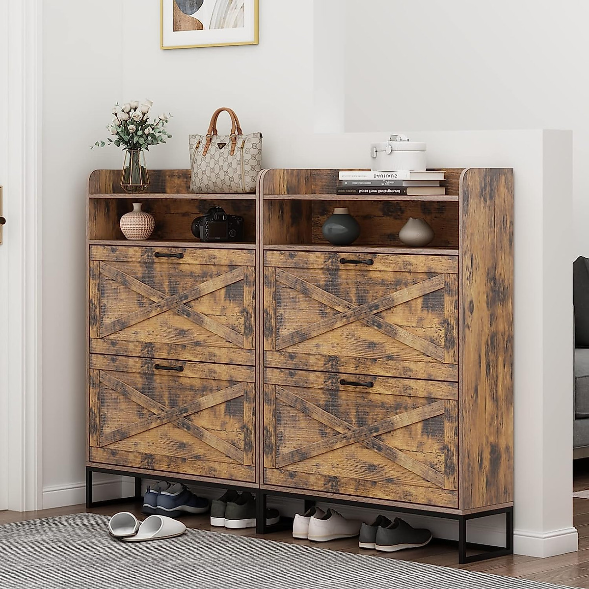 Gyfimioe Rattan Shoe Cabinet with 2 Flip Drawers, Slim Shoe Storage Cabinet for Entryway Freestanding Shoe Organizer Narrow Farmhouse Shoe Rack (Rustic Brown)