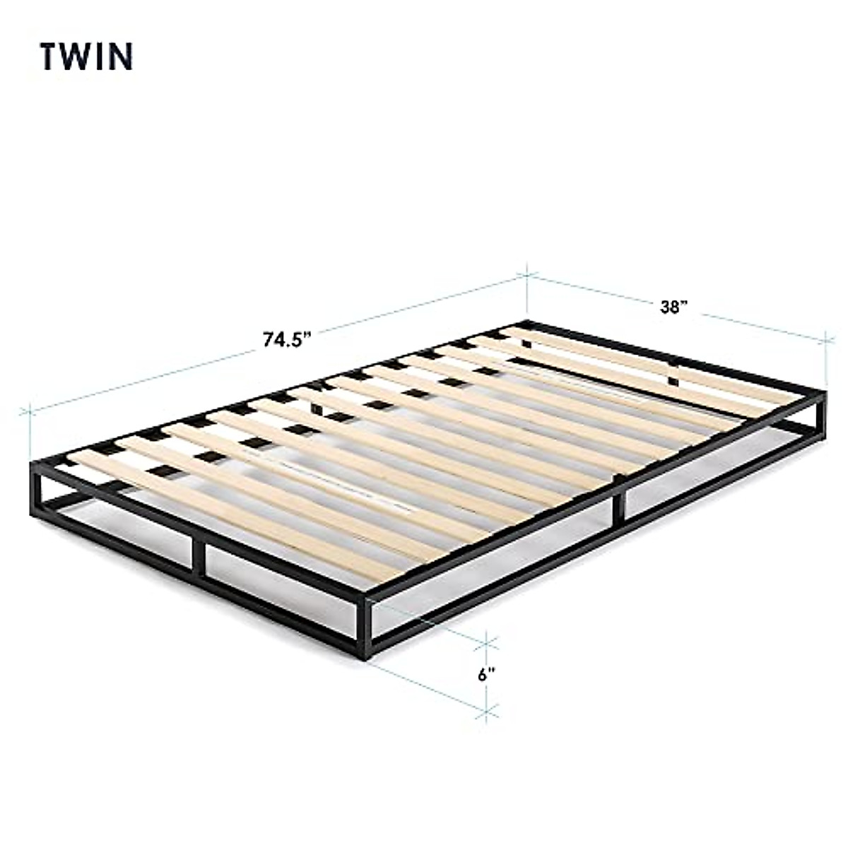 Mellow Modernista Low Profile 6 Inch Metal Platform Bed Frame with Classic Wooden Slat Support Mattress Foundation (No Box Spring Needed), Twin, Black