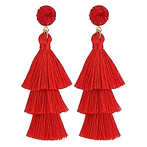 LEGITTA Red Tassel Earrings with Druzy Stud Layered Tiered Linear Drop Dangle Fashion Bohemian Earrings for Women