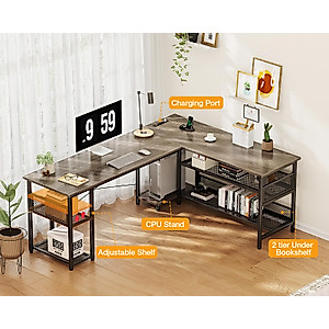 ODK 66" L Shaped Desk with Power Outlet and USB Charging Ports, Reversible L Shaped Computer Desk with Storage Shelves, Home Office Desk, Gaming Desk, Corner Desk, Grey Oak