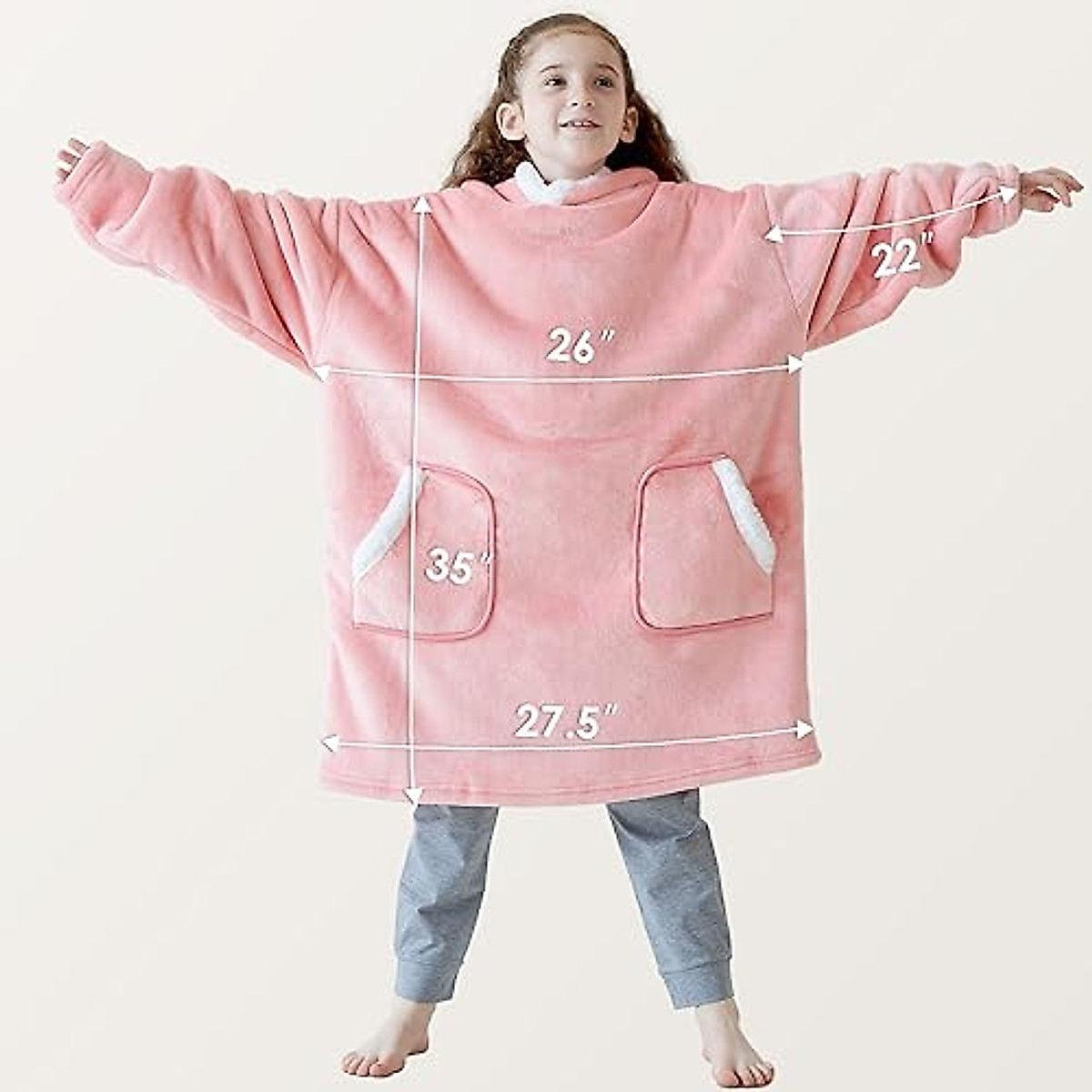 EHEYCIGA Wearable Blanket Hoodie with Pockets and Sleeves, Flannel Fleece Hooded Blanket for Women Men Adults and Kids, Pink, Extended Oversize