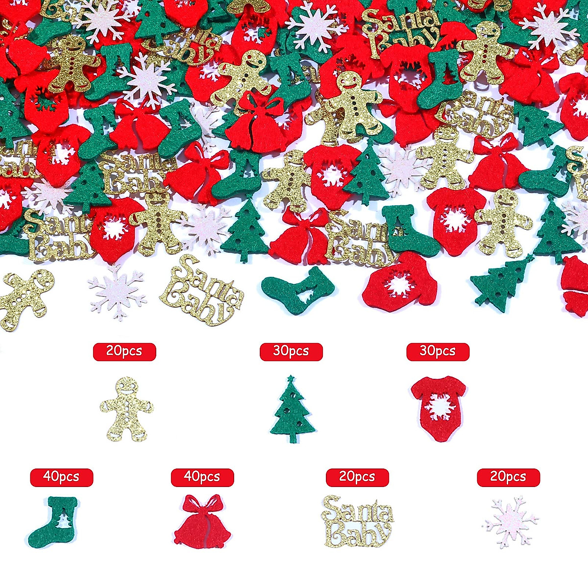 Christmas Baby Shower Confetti, 200pcs Glitter Felt Cloth Christmas Table Confetti - Christmas Tree, Gingerbread Man, Snowflake Table Scatter, Xmas Baby Shower Table Decorations for Girl Boy