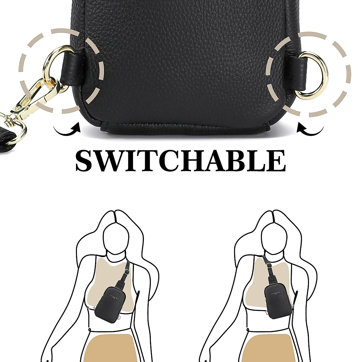 INICAT Small Crossbody Sling Bags for Women Leather Cell Phone Purse Fanny Packs for Women Men(Genuine Leather - Black)