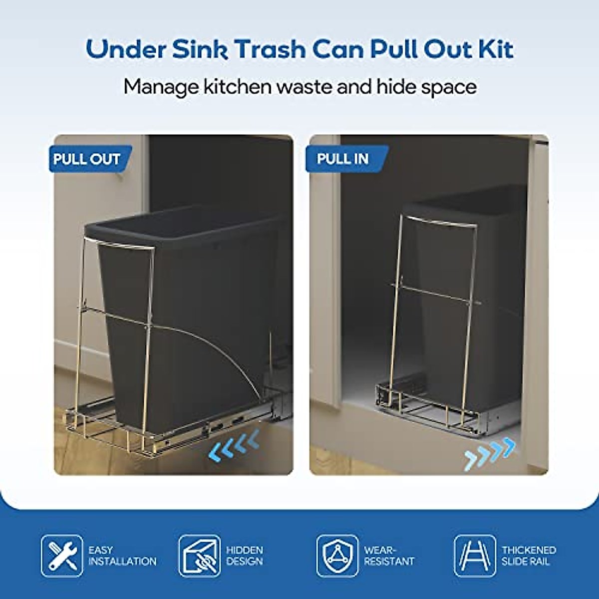 Tanamu Pull Out Trash Can Under Cabinet,Under Sink Heavy Duty Trash can，Roll-Out Sliding Adjustable Rack for Kitchen Trash Can,Chrome (Trash Can Not Included)