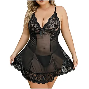 Women's Lingerie Babydoll Sexy Lace Chemise Plus Size Lingerie Pajamas Mesh Nightgowns 2 Piece Lingerie Set Nightwear, Women's Lingerie Sexy Chimese, Plus Size Chemise for Women Black
