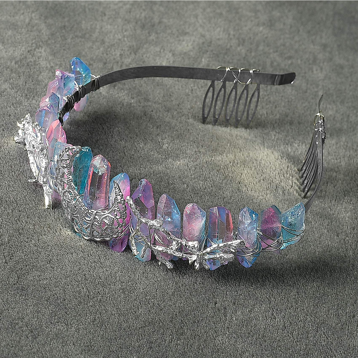 Zivyes Moon Goddess Crown Raw Crystal Quartz Tiara Mermaid Crown Wedding Fairy Rave Headpiece Festival Headband