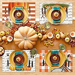 Fall Pumpkin Gnomes Placemats for Dining Table, 12 x 18 Inch Autumn Sunflower Bicycle Thanksgiving Seasonal Holiday Decoration Rustic Washable Table Mats Set of 4