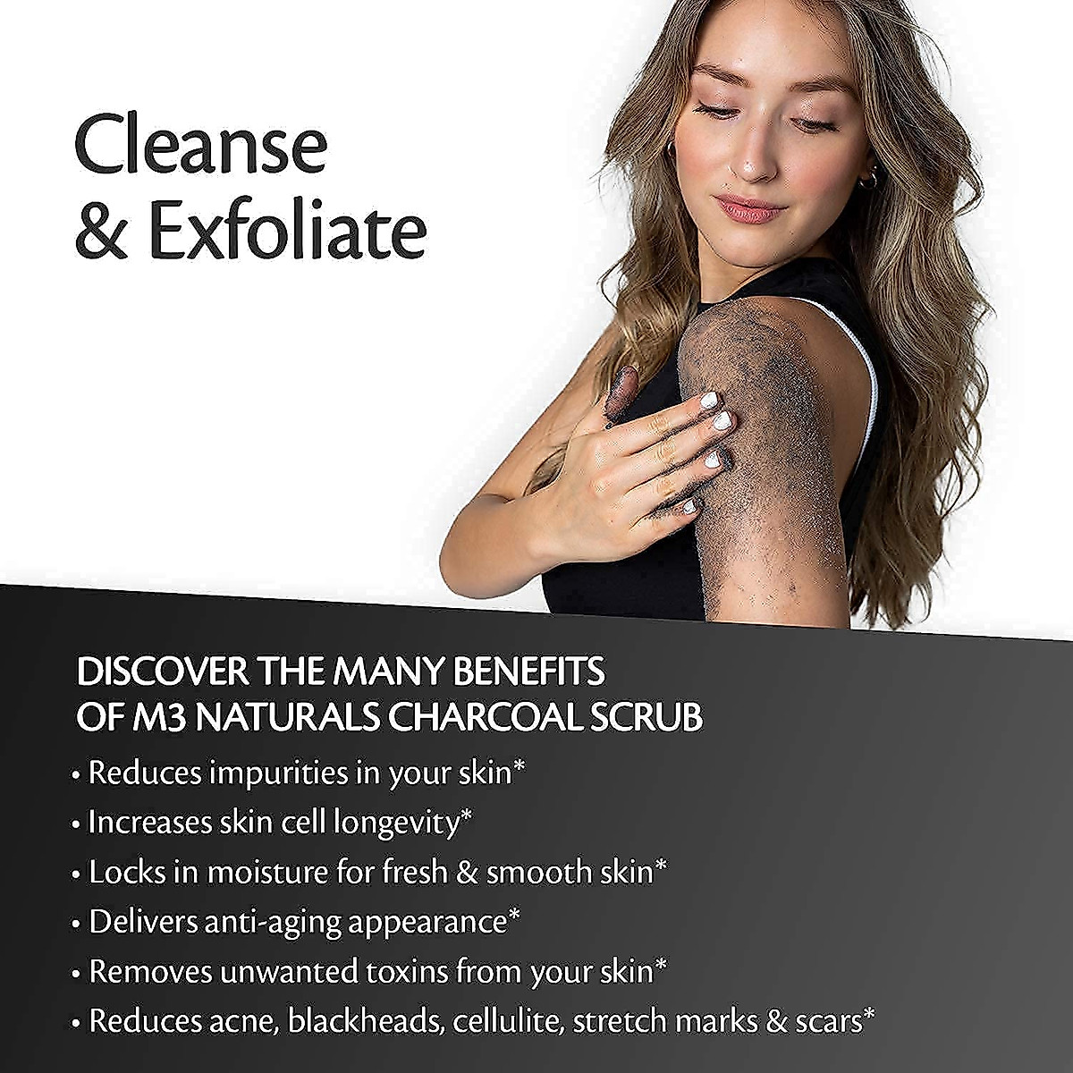 M3 Naturals Charcoal Body Scrub with Infused Lip Balm Bundle