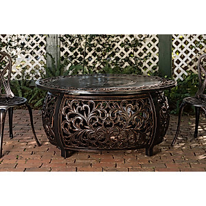 Fire Sense 62198 Toulon Filigree Aluminum Convertible Gas Fire Pit Table 55,000 BTU Outdoor Multi-Functional with Fire Bowl Lid, Nylon Weather Cover & Clear Fire Glass - Bronze Finish - Oval - 48"