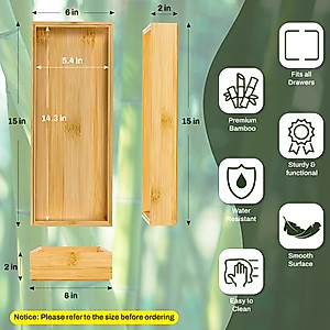 Lixple Bamboo Kitchen Drawer Organizer, Stackable Utensil Holder Silverware Organizer Cutlery Tray - 2PCS Organizer Bins for Makeup Jewelries Flatware in Bathroom, Office Desk, Cabinets, 15x6x2 inch