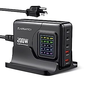 200W USB C Charger, Aergiatech Desktop 5-Port PD 100W Type C 65W PPS GaN Charger Fast Charging Station with LCD Display, Laptop Power Adapter for MacBook Pro/Air iPhone 14 Pro Max, Samsung Galaxy