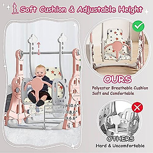 BIERUM 4 in 1 Toddler Slide and Swing Set, Kid Slide for Toddlers Age 1-3, Baby Slide with Basketball Hoop, Indoor Outdoor Slide Toddler Playset Toddler Playground Pink