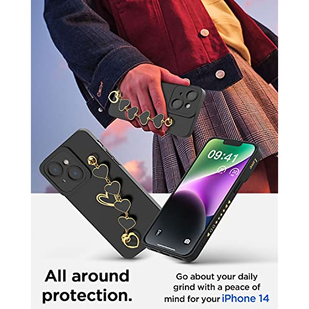 AICase iPhone 14 Case for Women with Full Camera Lens Protection and Hand Strip Loop, Silicone Heart Girly Cute Side Soft Slim Shockproof Protective Cover for iPhone 14 6.1 inch-1