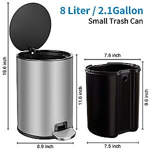 CURIFYPN 8 Liter/2.1 Gallon Small Trash Can with Lid Soft Close,Step Trash Can,Round Foot Pedal Garbage Can with Removable Inner Wastebasket for Bathroom,Kitchen,Bedroom,Office,Brushed Stainless Steel