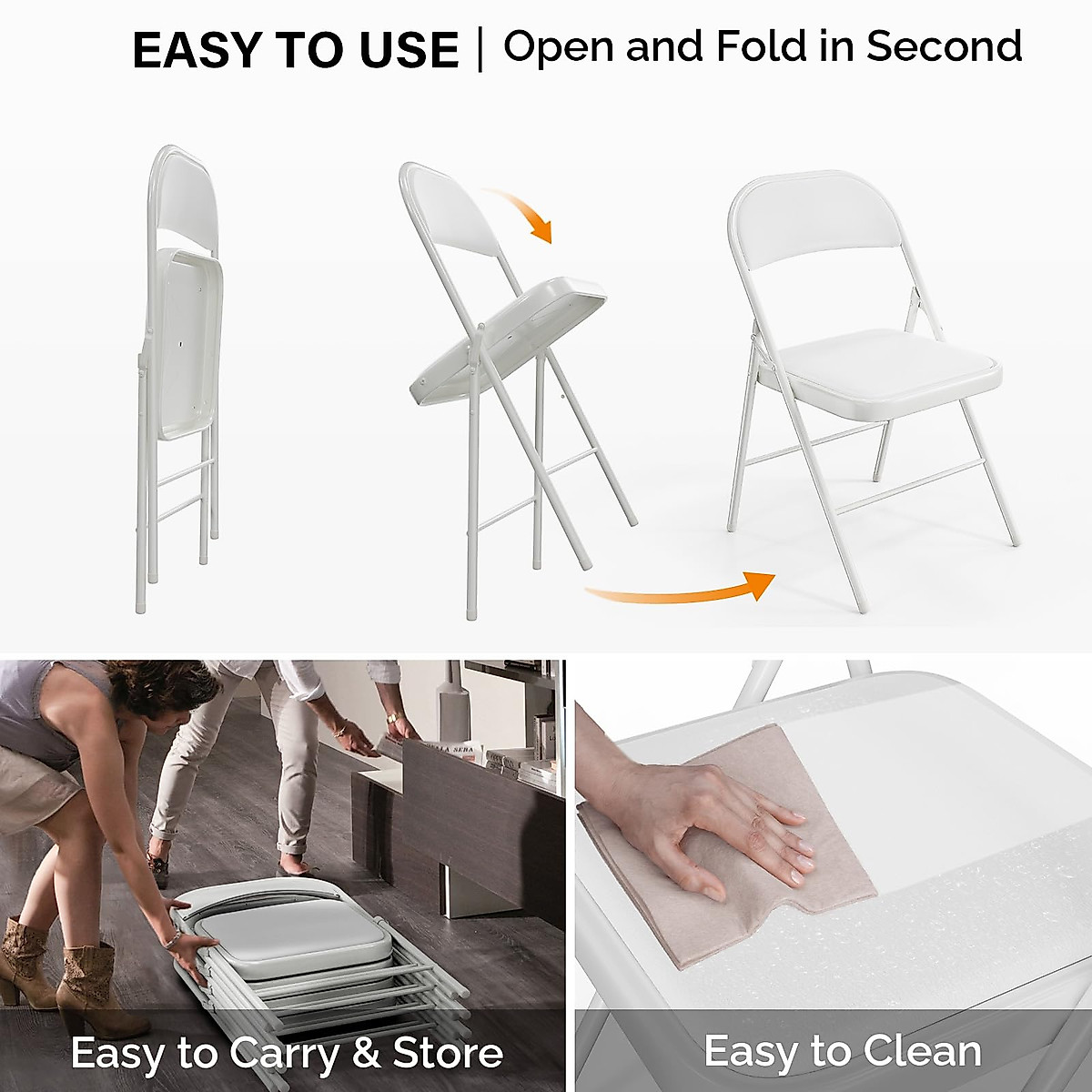 VINGLI Folding Chairs with Padded Seats, Metal Frame with Pu Leather Seat & Back, Capacity 350 lbs, White, Set of 10