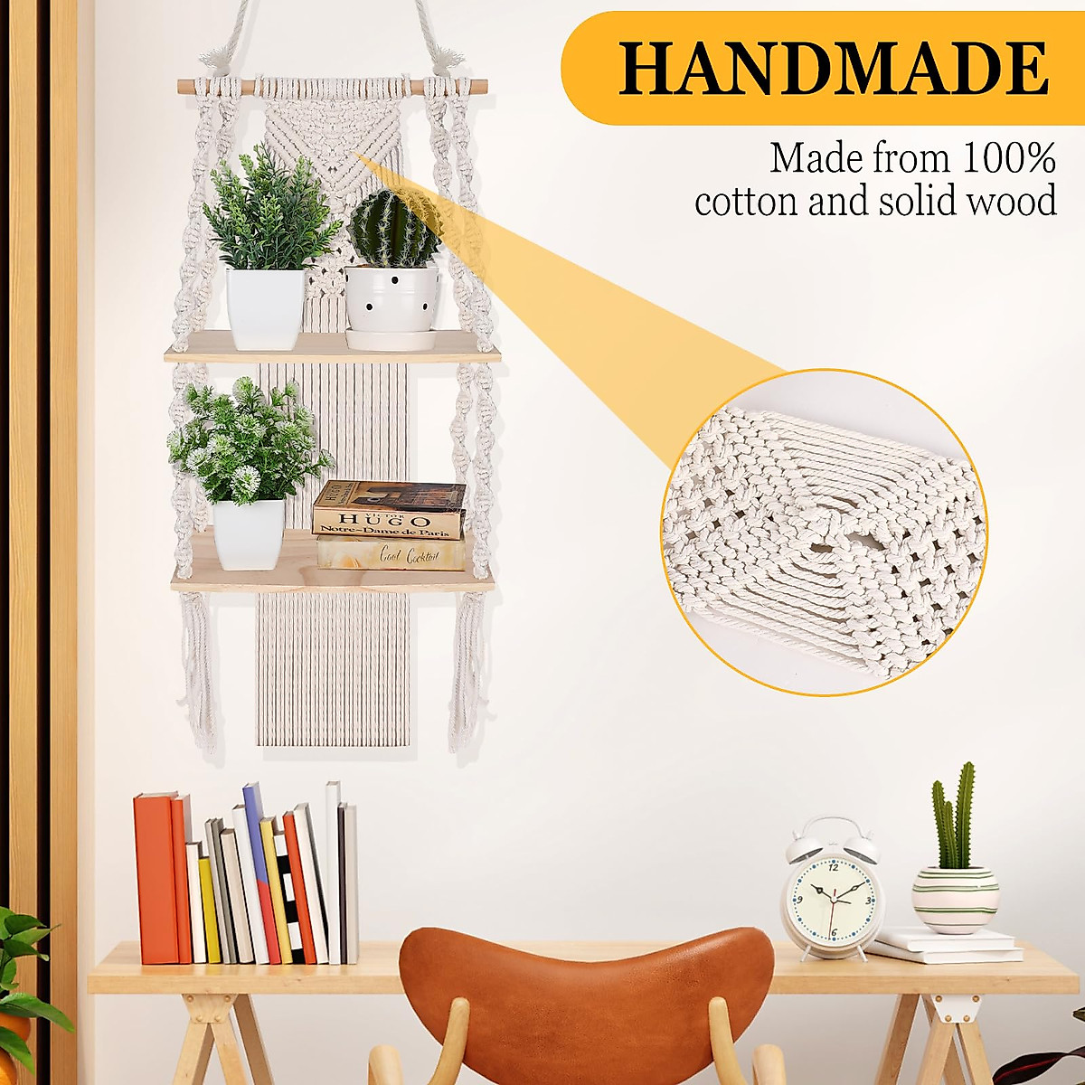 Barydat 2 Pack Macrame Wall Hanging Shelf 2 Tier Handmade Boho Hanging Wall Shelf Floating Woven Rope Hanging Shelves Decorative Storage Racks Holder Organizer for Home Bedroom Bathroom Plants, Beige