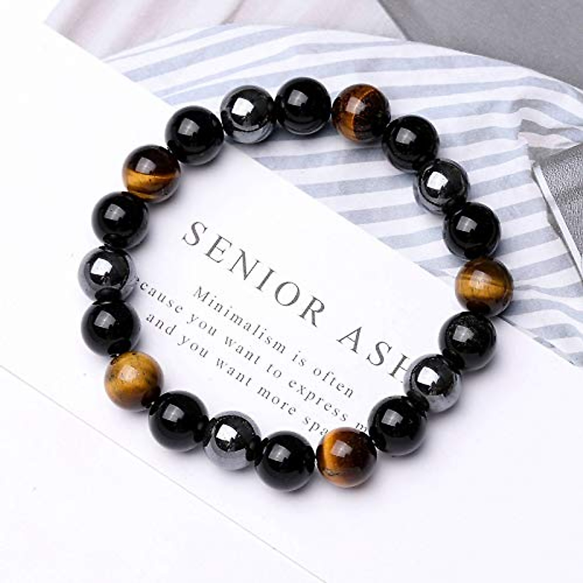 KIOMOY Triple Protection Bracelet For Protection Bring Luck And Prosperity Hematite Black Obsidian Tiger Eye Stone Bracelets (Tiger Eye)