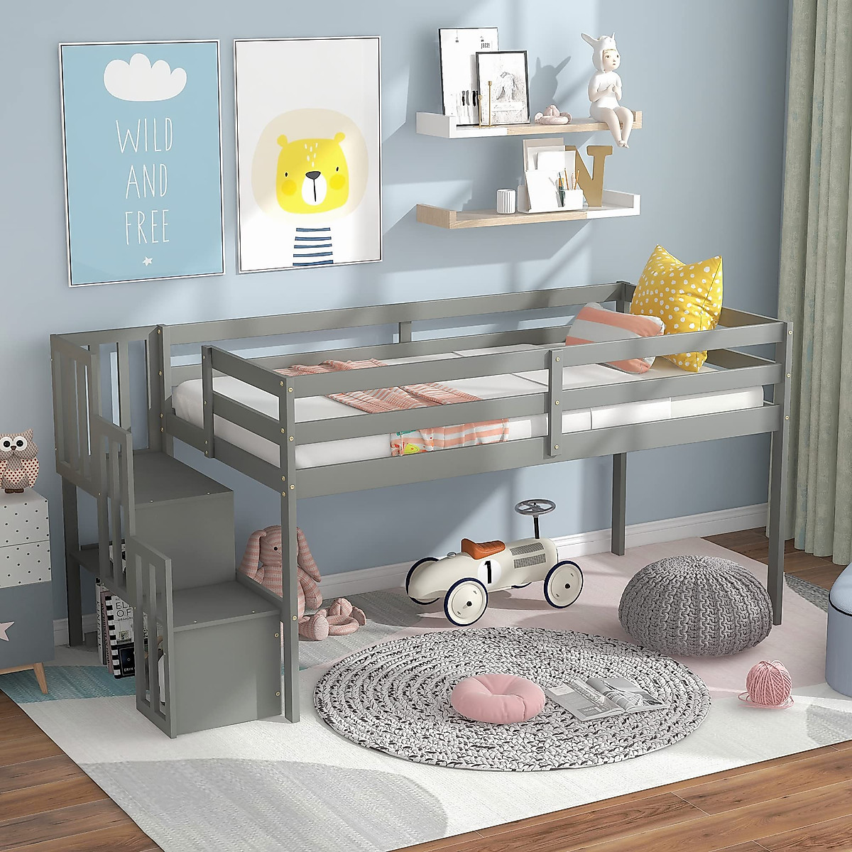 CITYLIGHT Low Loft Bed with Staircase,Twin Size Kids Loft Bed with Step Storage,Wood Loft Bed Frame Twin with Safety Guardrails for Girls, Boys,Grey